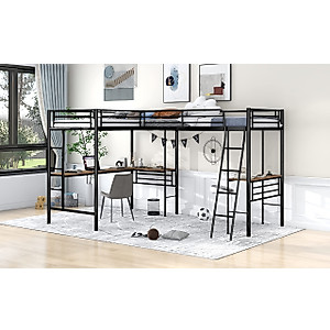 Quarte Simple Metal L-Shaped Loft Bed with Two Built-in Desks,Guardrails and Ladders,for Family Kids Teens,No Box Spring Needed