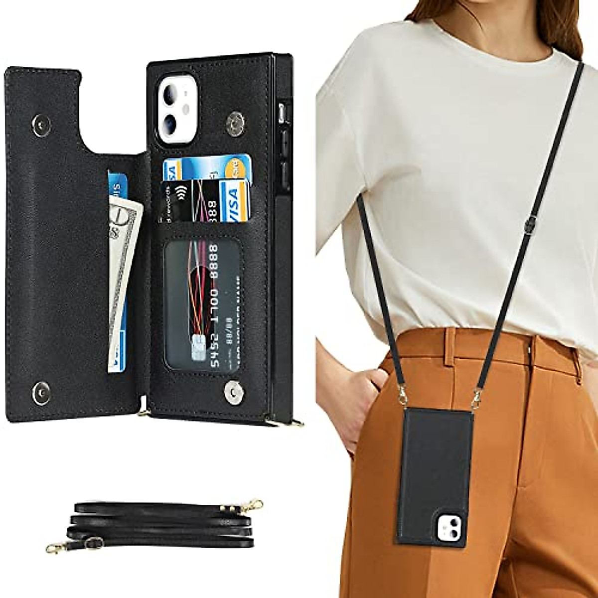 DEFBSC Compatible with iPhone 12 iPhone 12 Pro Case, Crossbody Wallet Case, Adjustable Detachable Lanyard Neck Strap with Kickstand Leather Card Holder Protective Cover-Black