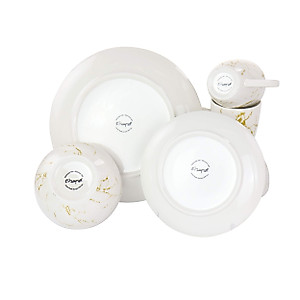 Elama Fine Marble Round Gloss Dinnerware Dish Set, 16 Piece, White and Gold