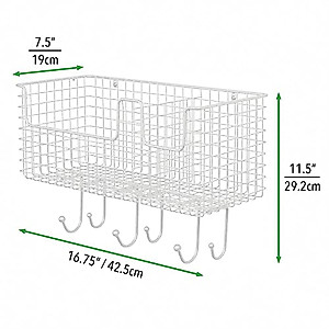 mDesign Metal Wire Farmhouse Wall Decor Storage Organizer Divided Basket with 6 Hooks for Entryway, Hallway, Mudroom, Bedroom, Bathroom, Laundry Room - Wall Mount - White