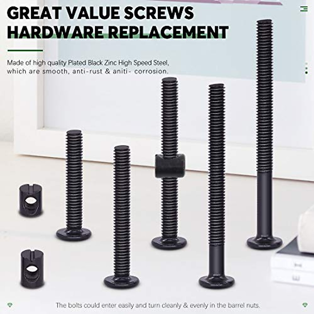 Keadic 122Pcs M6 x 35/45/55/65/75mm Baby Bed Screws Hardware Replacement Kit, Black Hex Socket Cap Bolts Barrel Nuts Assortment Kit for Furniture Cots Beds Crib, 1 Hex Key and Plastic Box for Free