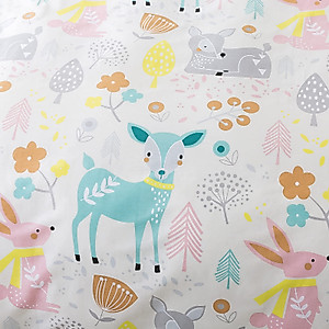 Cliab Woodland Creatures Bedding Twin for Kids Girls Baby Pink Cute Animals Print Rabbit Dear Reversible Bed Set 100% Cotton Duvet Cover Set Zipper Closure Corner Ties 2 Pieces