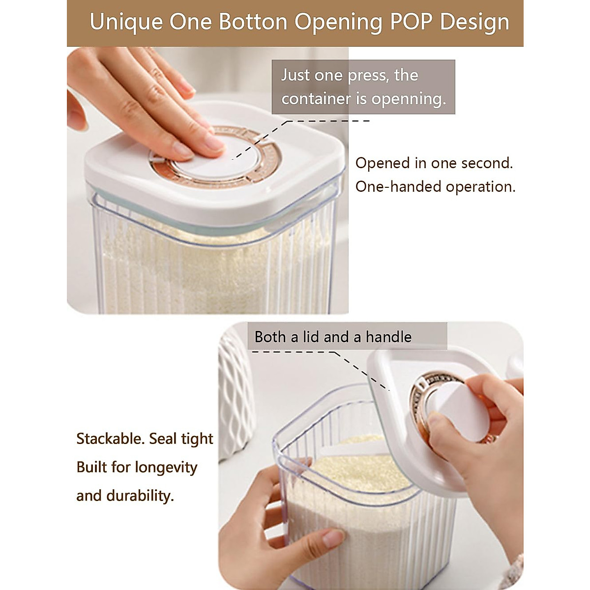 Besmall Food Storage Container with Pop Up Lids and Date Tracker Air Tight Containers with Scoop Clear Dispenser for Snacks, Candy, Salt, Herbs, Spices, Sugar, Coffee, 1.2L/ 40oz