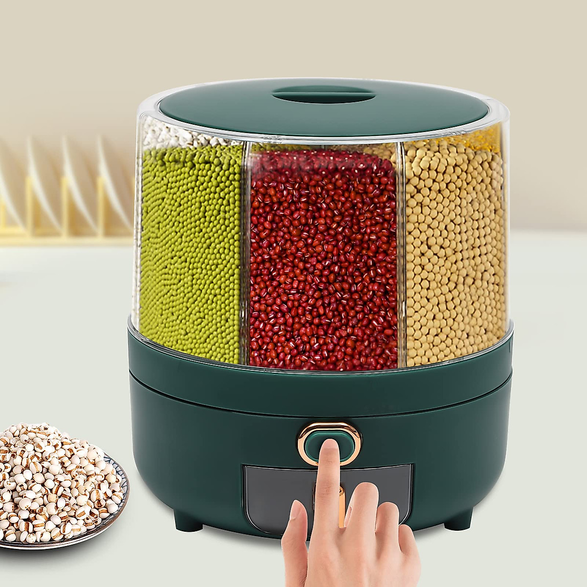 BANLICALI 6 Grid Rice Dispenser, 360° Rotating Dry Rice Dispenser PET PP Kitchen Grain Storage Container with Anti-slip Pads for Store Rice and Beans Green+Clear (Medium)