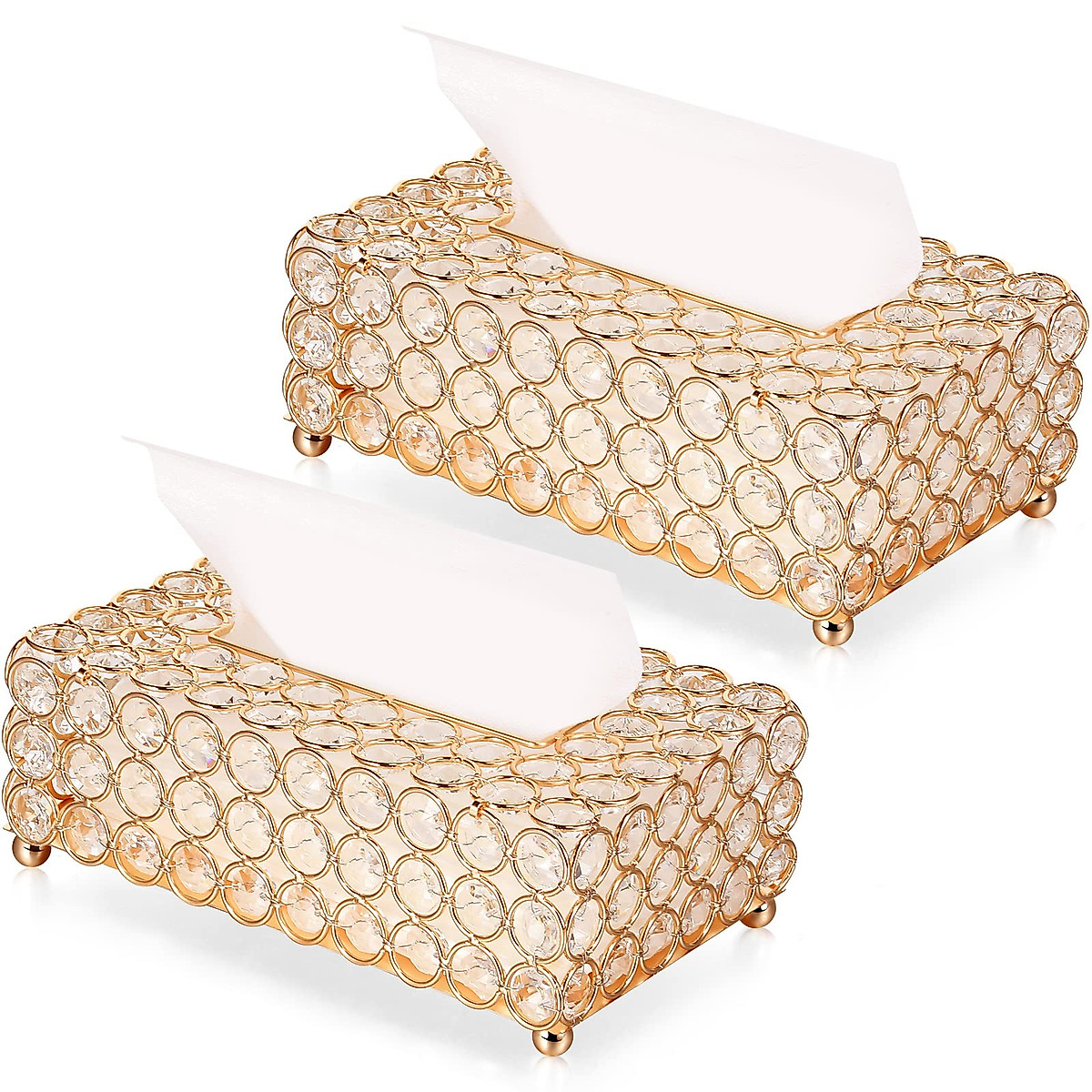 2 Pieces Rectangular Crystal Tissue Box Cover Crystal Tissue Box Holder Bling Tissue Holder Decorative Toilet Paper Box Rectangle Steel Napkin Case Napkins Container for Bathroom Table Decor (Gold)