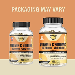 Happi Mi Nutrition Vitamin C 2000MG, Zinc 40 mg, Vitamin D3 5000 IU, Echinacea Extract, Rose Hip, Immune Support for Adults & Kids, Immune Booster,120 Vegan Caps, 60 Day Supply, Non GMO, No Filler