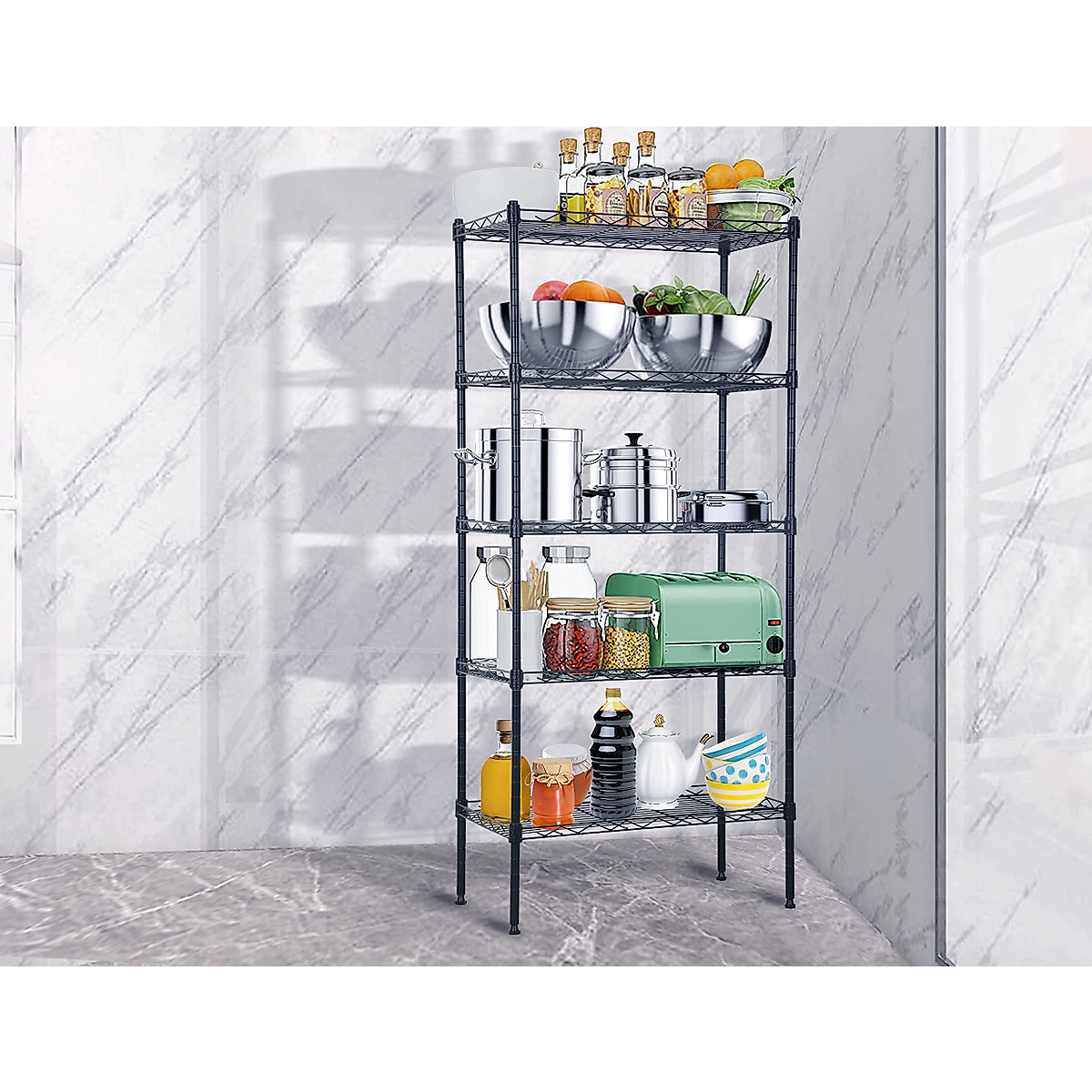 5-Tier Metal Wire Shelving Unit Snack Shelf Height Adjustable Storage Rack NSF Certified Storage Shelves 750 Lbs Capacity Standing Utility Shelf for Laundry Kitchen Pantry Garage Organization