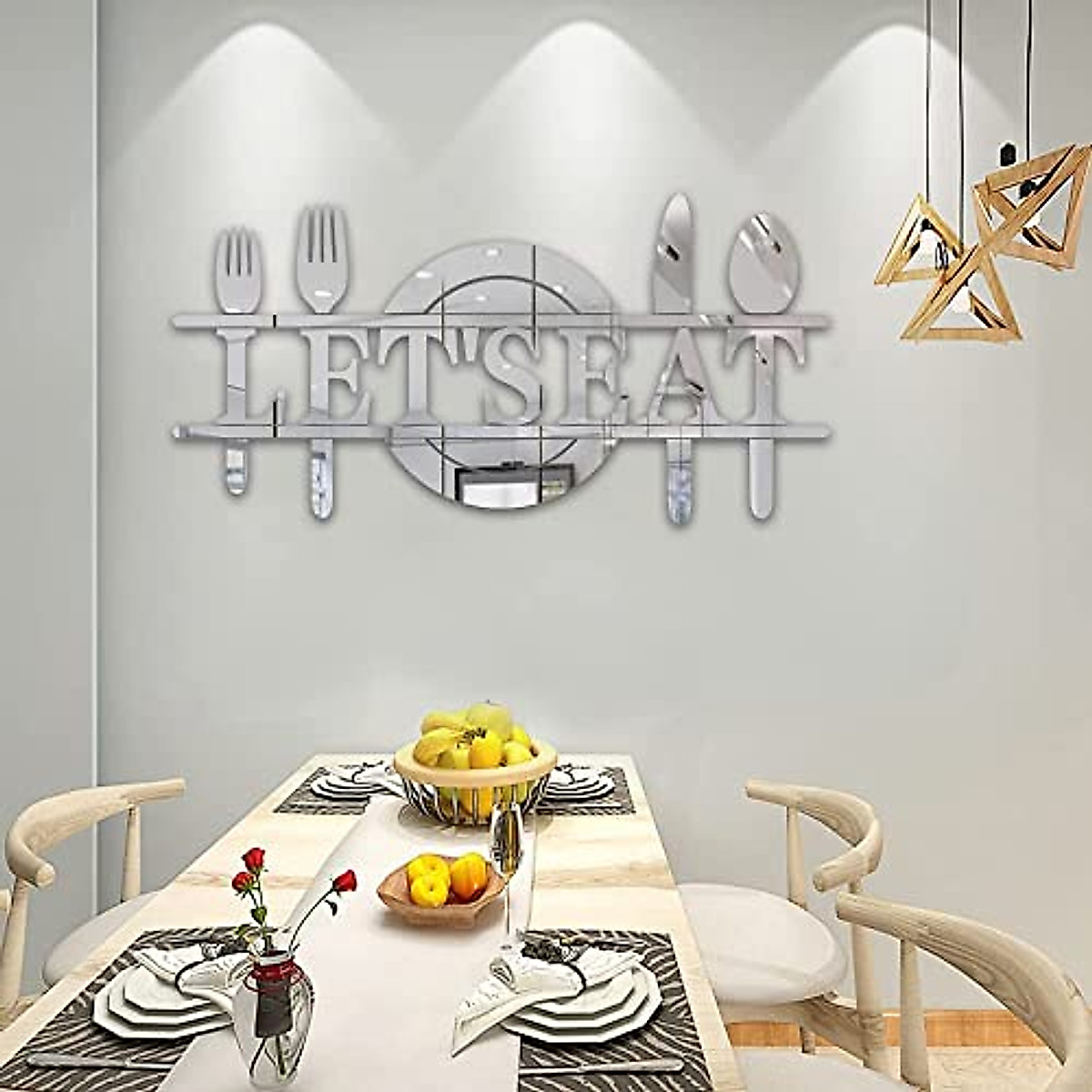 Doeean Let's Eat Sign Acrylic 3D Mirror Wall Decor Wall Decals Decorations Stickers for Kitchen or Dining Room (Silver 26.3 X 13.2)