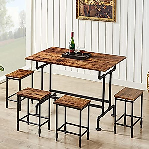 VECELO Dining Table Set for 4 Kitchen Industrial Bar Dinette with Rectangular Tabletop, Save Spacing&Sturdy Metal Frames for Home Breakfast Farmhouse Living Room Small Apartment, Brown