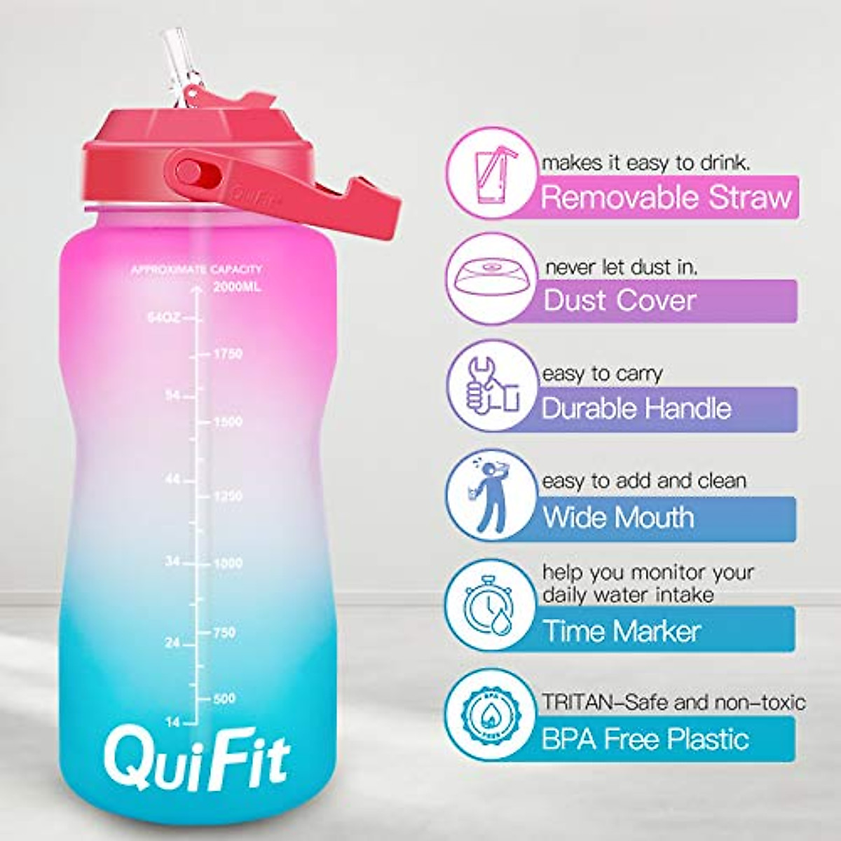 QuiFit Motivational Gallon Water Bottle - with Straw & Time Marker BPA Free 128/64 oz Large Water Jug Leak-Proof Durable for Fitness Outdoor Enthusiasts(Pink/Blue, 64 oz)