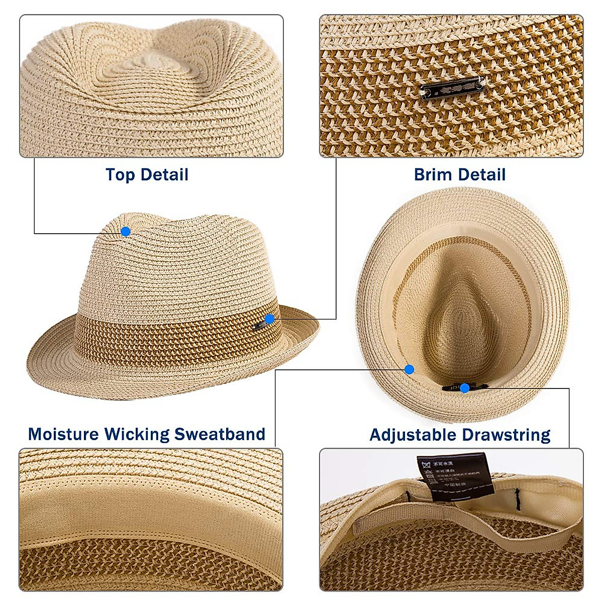Fancet Extra Large XL Men Women Packable Straw Fedora Panama Sun Summer Beach Derby Hat Cuban Trilby Nature Beige