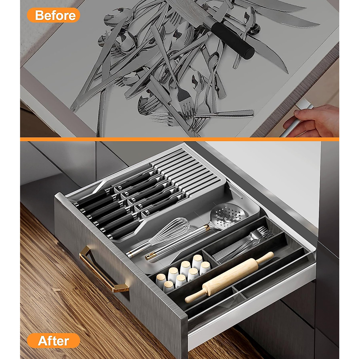 RISHTEN Kitchen Knife Drawer Organizer Grey, In Drawer Knife Block Holder with Expandable Cutlery Tray Compact Organization Drawer Storage Holds Up To 11 Knives (Including Hooks&Sponges)