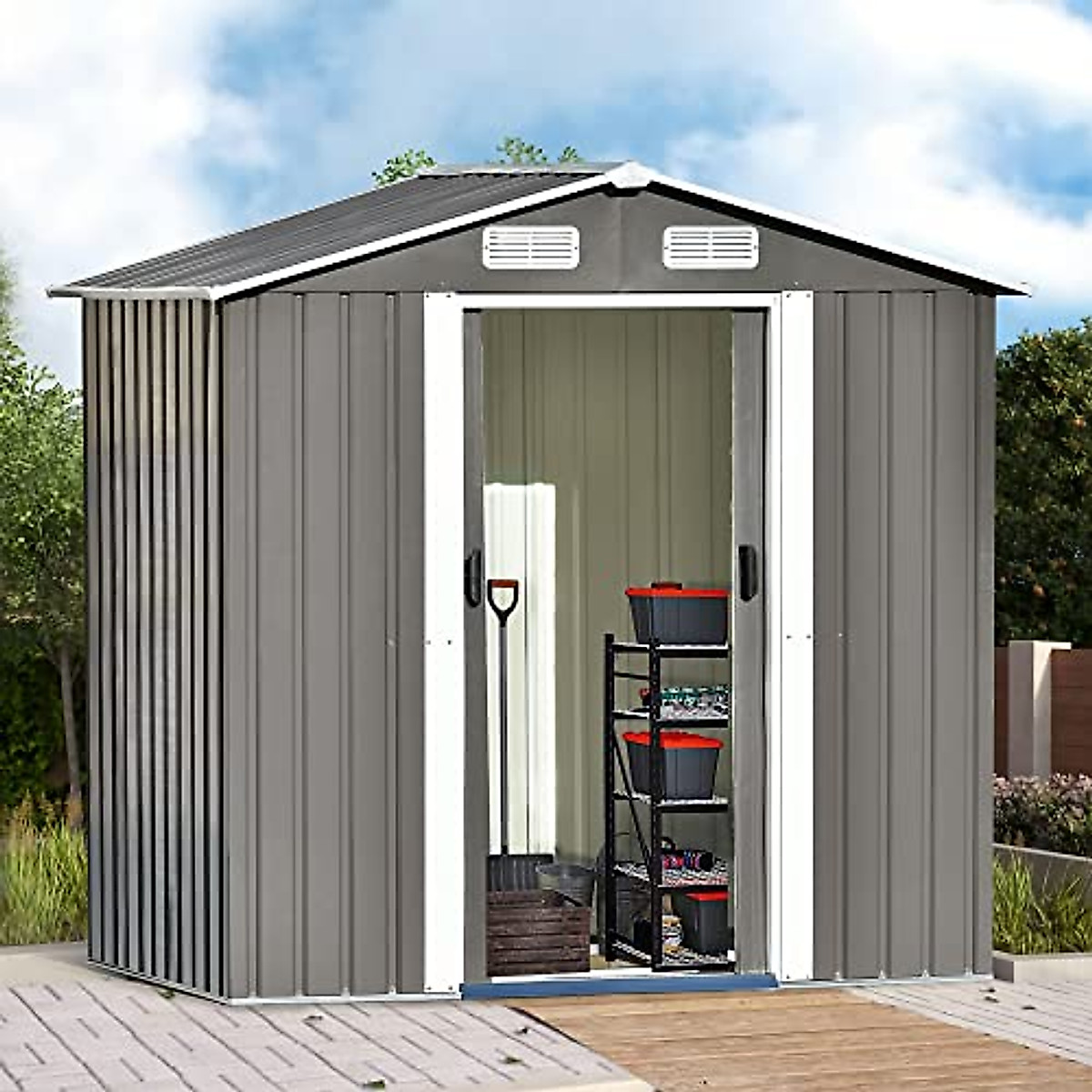 LUMISOL 6 x 4 FT Outdoor Storage Shed for Bike, Metal Garden Shed with Lockable Doors, Outside Storage Toll Cabinet for Backyard, Patio, Lawn, Garden (Gray)