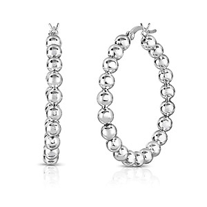 Sterling Silver Bead Ball Hoop Earrings, Beaded Hoop Earrings For Women- Silver Bead Hoop Earring For Women, 925 Sterling Silver bead Earring (Silver, 35)