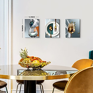 Canvas Wall Art for Dining Room Kitchen Wall Decor Teal Gold Wine Glass Pictures Abstract Wine Cups Paintings Geometric Kitchenware Posters Modern Home Decorations Family Bar Pub Artwork 12x16" 3 Pcs