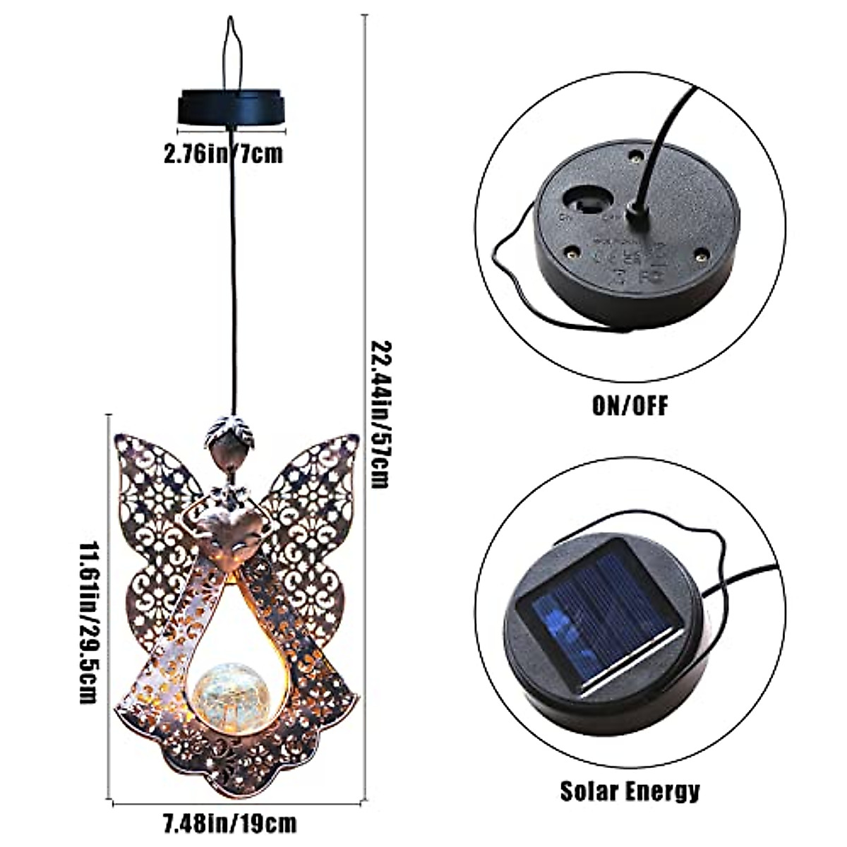 GOODME Hanging Solar Lights Outdoor Waterproof LED Solar Lantern Metal Angel Memorial Gift with Crackle Globe Glass Decoration for Porch,Patio,Yard,Garden