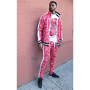 SCREENSHOT-S11122 Mens Hip-Hop Ultra Premium Quality Tee - Head Lifting Paisley Bandana Embroidery Cartoon Teddy Bear Print T-Shirt-White/Red-2XLarge