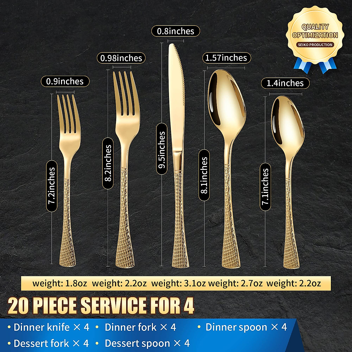 Lemeya Hammered Gold Silverware Set for 4,Stainless Steel 20-Piece Modern Cutlery Set,Mirror Polished Heavy Duty Flatware Set Utensil Set,Knives Spoons and Forks Set,Dishwasher Safe