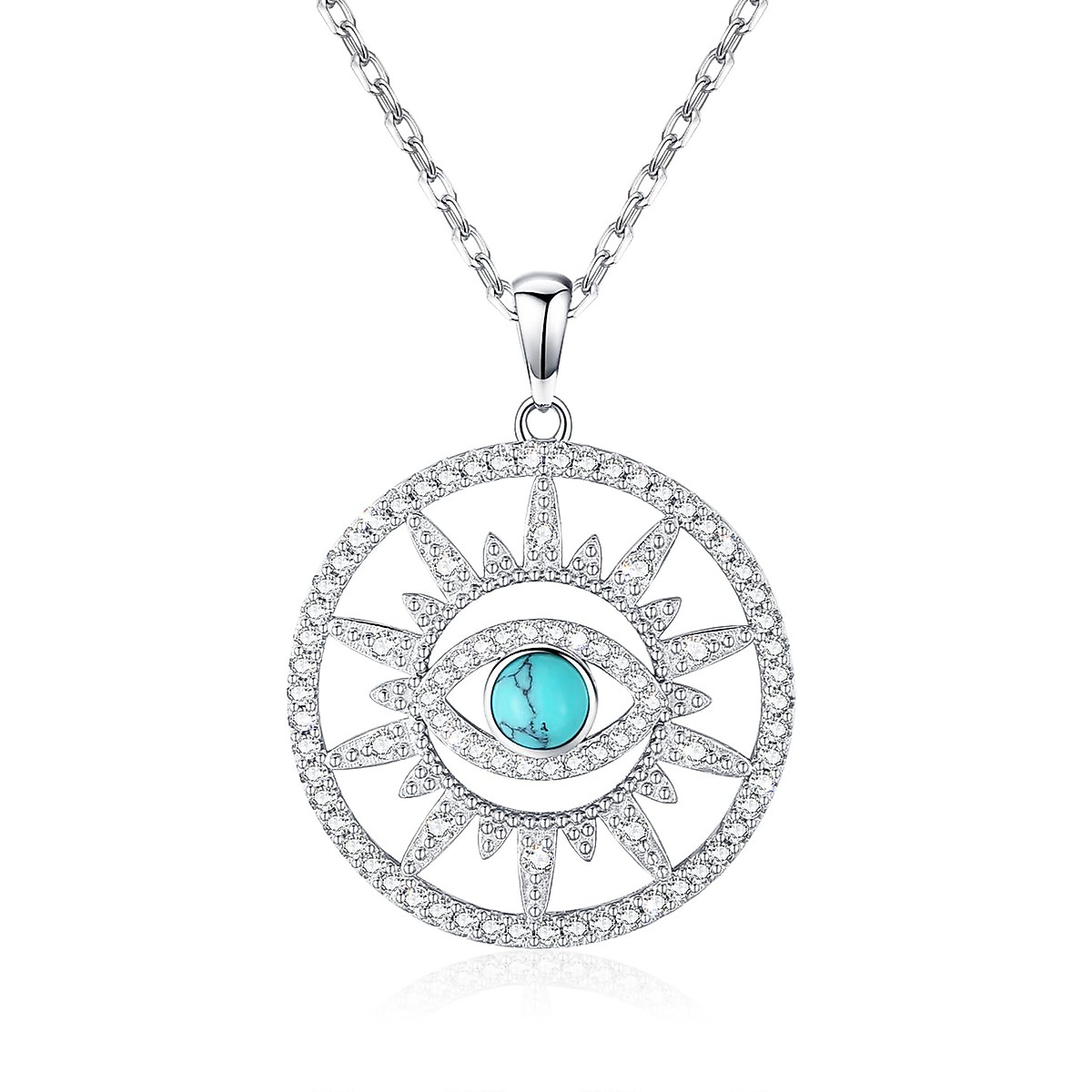 BDL Evil Eye Necklace - Sterling Silver Natural Turquoise Genuine With 5A Cubic Zirconia, Third Eye Necklace Ojo Turco Pendant, Christmas Gifts for Women Girls