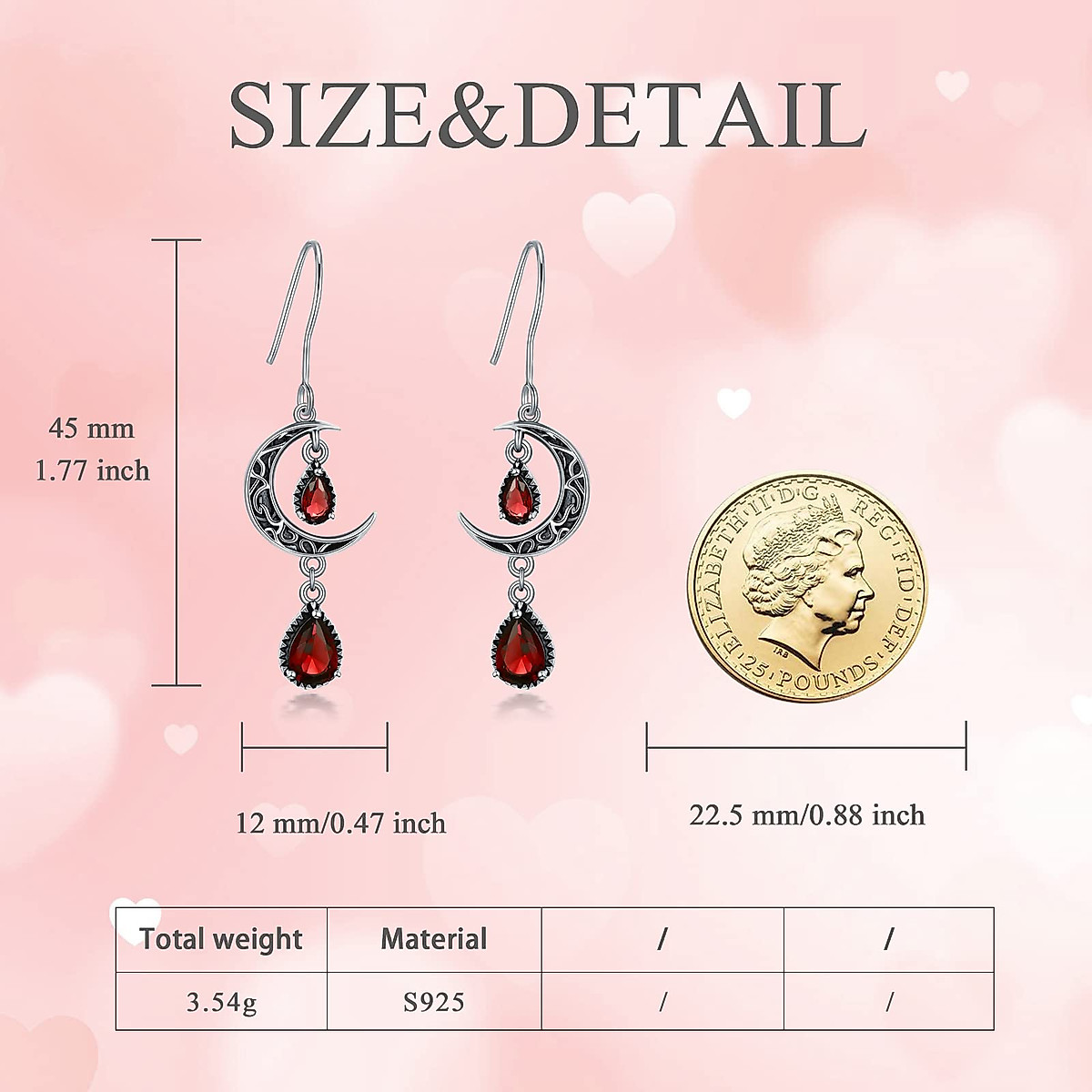 VONALA Celtic Moon Earrings 925 Sterling Silver Created Ruby Dangle Earrings for Women Red Ruby Dangling Earrings Ruby Jewelry Gifts for Women