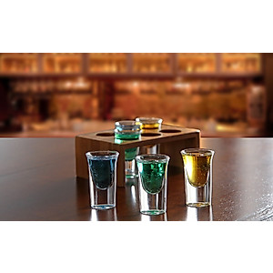 Lily's Home Bamboo Shot Glass Holder Set with 6 Crystal Clear Shot Glasses, Easy to Carry and Sophisticated to Display, Ideal for Liquor Shots at Parties (1 oz. Each Glass)