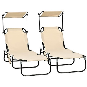 Outsunny Folding Chaise Lounge Pool Lounge Chairs Set of 2, Outdoor Sun Tanning Chairs with Canopy Shade, Reclining Back, Steel Frame and Side Pocket for Beach, Yard, Patio, Tan