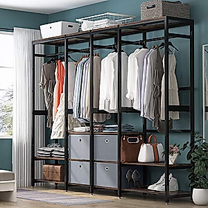Tribesigns Freestanding Closet Organizer, Heavy Duty Clothes Closet, Extra Large Metal Garment Rack with Shelves and Hanging Rod, Vintage Walnut Board Finish & Black Metal Frame