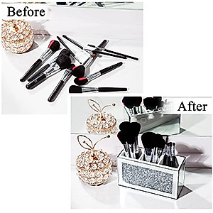SHYFOY Mirrored Makeup Brush Holder Organizer, 3 Slot Glass Cosmetics Brushes Storage Holders with Crystal Crushed Diamond, Cute Pen and Pencil Holder for Desk, Eyeliners Display Case for Vanity