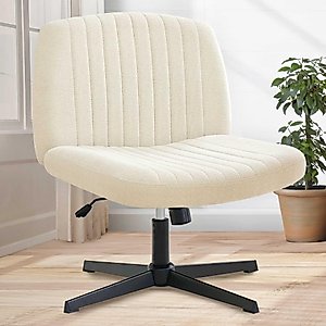 Orange Factory Cross Legged Office Desk Chair No Wheels Fabric Padded Modern Swivel Height Adjustable Wide Seat Computer Task Vanity Chair for Home Office Mid Back Accent Chair (Beige)