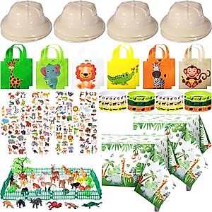 103 Pcs Safari Animal Kids Zoo Themed Party Supplies Favor Bulk Included Pith Hat Jungle Animal Plastic Tablecloth Tote Bags Silicone Bracelet Animal Stickers Mini Animal Figurines for Kids Birthday
