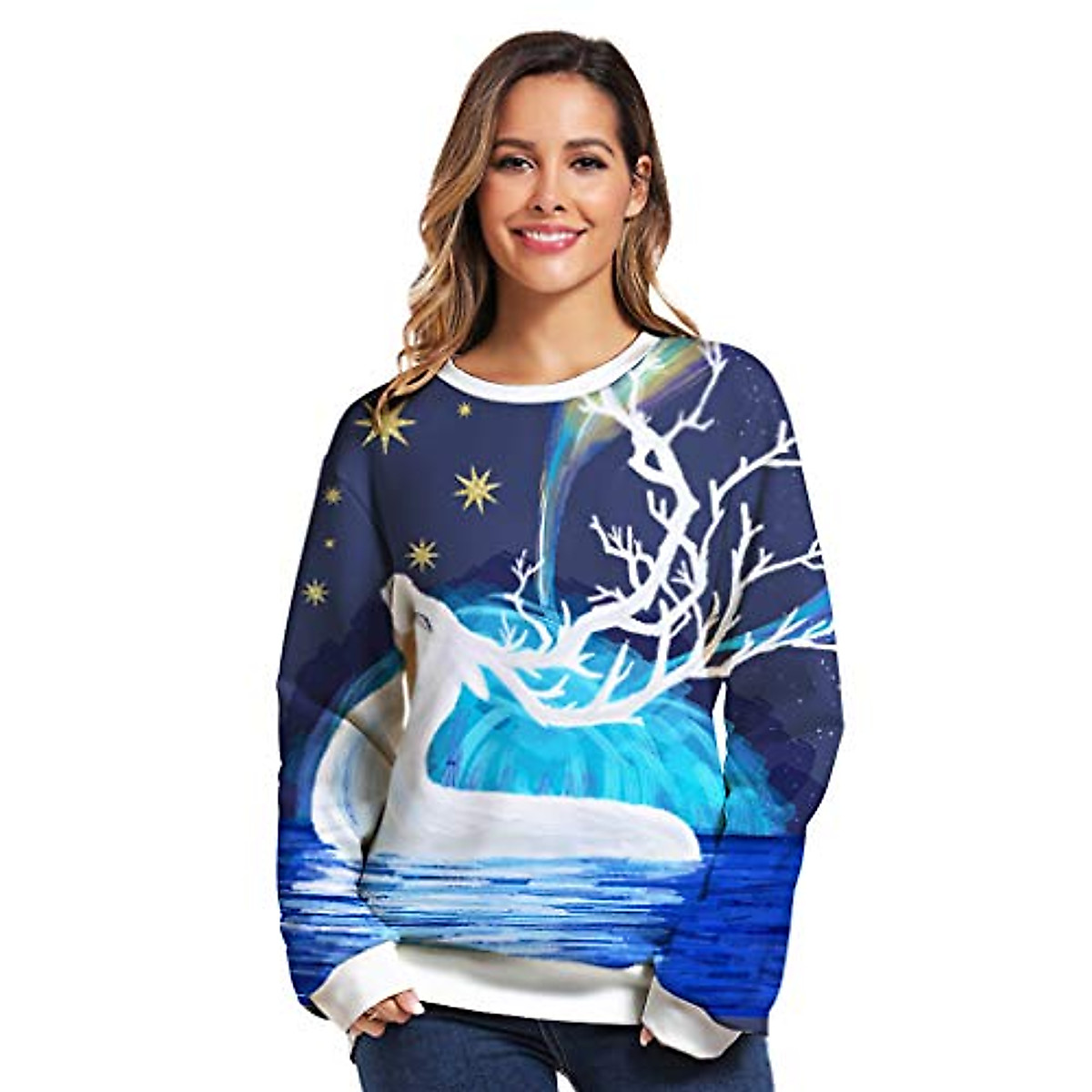 Women's Hoodies Sweatshirt Thenlian Women Christmas 3D Print Long Sleeves O-Neck Pullover Sweatshirt Blouse Tops(M, Blue 3)