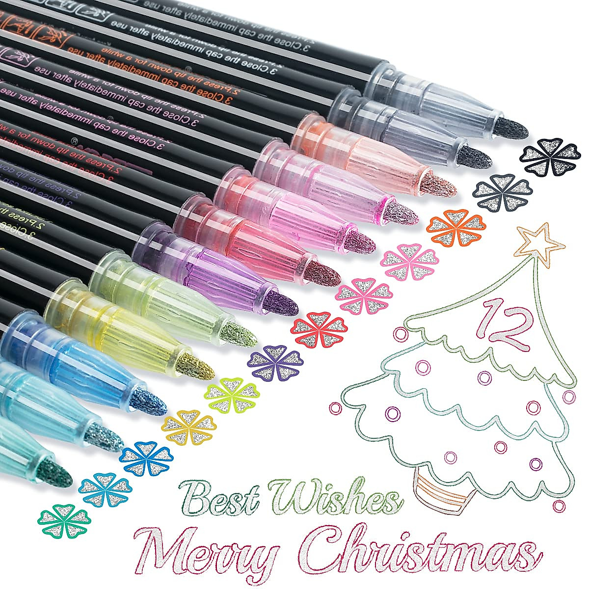 KERIFI Super Squiggles Double Outline Markers 12 Colors Supersquiggles Double Line Self Outline Metallic Markers, Shimmer Glitter Pens Set for Christmas Card, Easter Eggs, Scrapbook, DIY Art Crafts