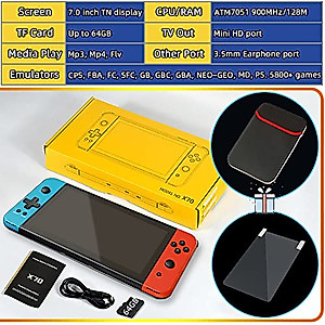X70 Handheld Game Console 7.0 inch Pro Retro Games Consoles Classic Video Games Pad Style Preinstalled System Built-in Rechargeable Battery Gaming Consoles 64GB Blue Red