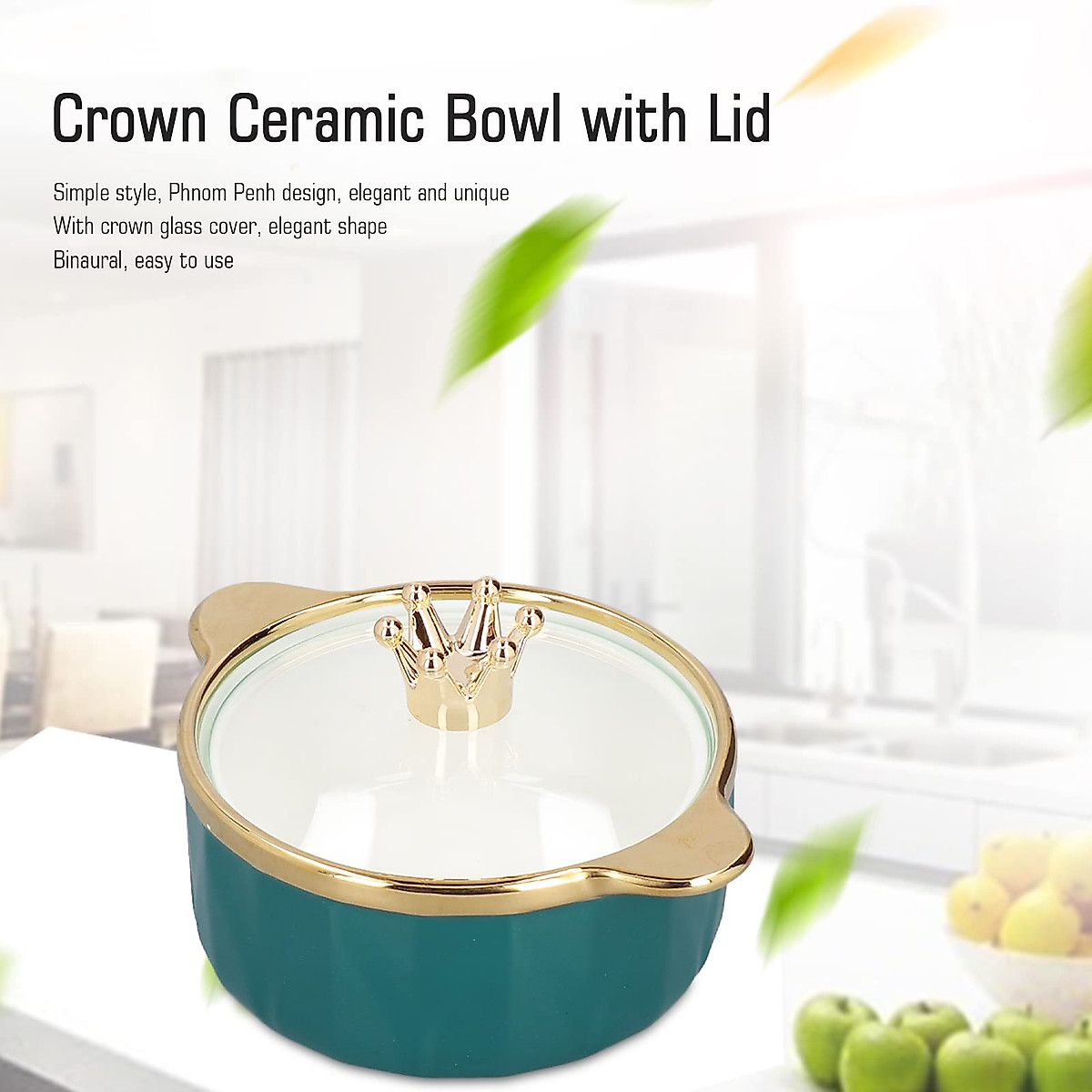 Milltrip Ceramic Bowl, Binaural Bowls Large Capacity Crown Ceramic Bowl with Lid and Phnom Penh Handle for Soup Rice Salad Instant Noodle(Green)