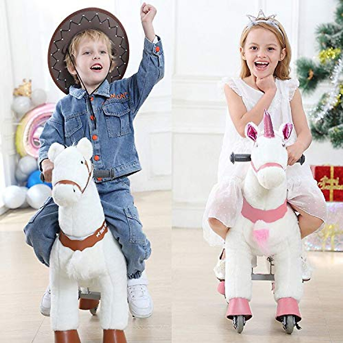 PONYEEHAW Ride on Unicorn Toys, Kids Riding Unicorn Toys Ride on Toys for 6-14 Years Old, Premium Plush Animals Toys Walking Unicorn with Wheels (White and Pink, 31.5" L x 13" W x 36.2" H)