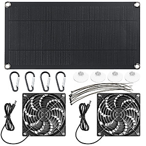 10w 12v Solar Panel Dual Fans Kit Waterproof Outdoor Solar Powered Exhaust Ventilation Fan Dual USB Portable Solar Attic Fan for Chicken Coop Greenhouse Shed PET Houses Window (1 Set)