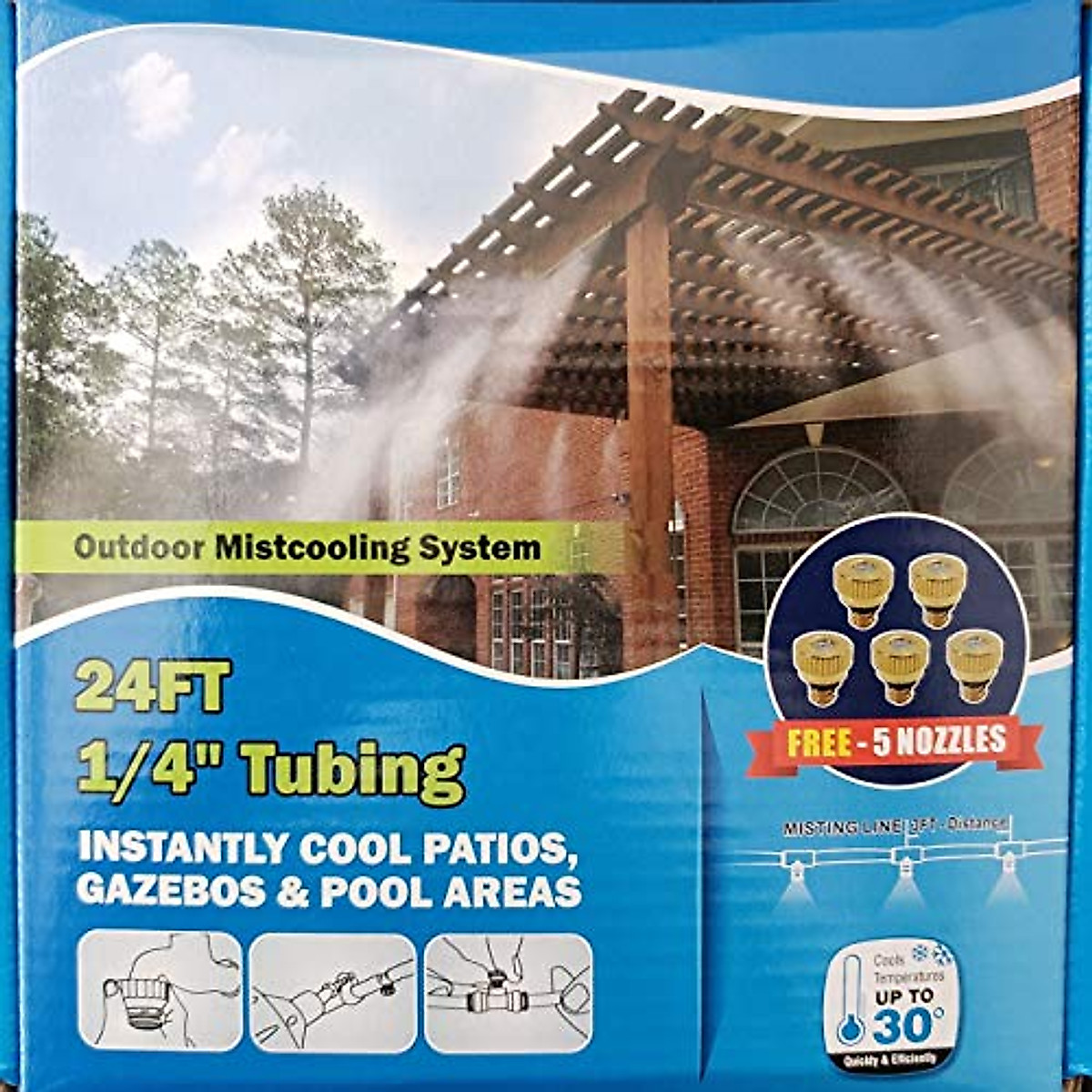 Patio Misting System with Brass/Stainless Steel Misting Nozzle. Outdoor Cooling System. 24 Ft 1/4'' Beige Tubing - 4 Nozzles System. Best Mistcooling system. Patio Misting | Outdoor Living | Drip Irrigation System