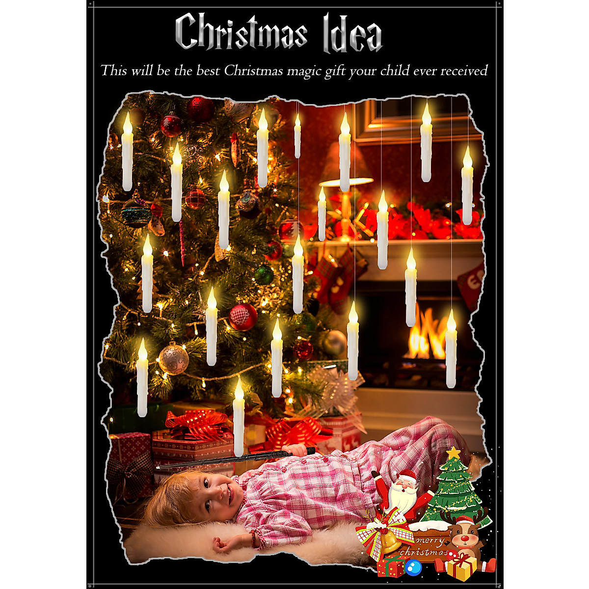 Floating Candles with Wand Remote, 4Pcs Magic Warm Flickering Flameless Hanging Candles,Battery Operated Window LED Taper Lights for Halloween Christmas Decor Home Party