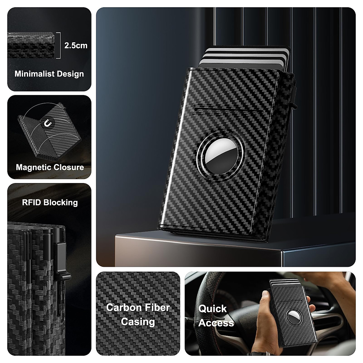 Trifold Wallet for Men with AirTag Holder, Smart Mens Wallet, Pop-Up Card Holder, Cash Slot, Carbon Fiber Case, RFID Blocking, Minimalist Slim Leather Groove Wallet, ID Window, with Gift Box