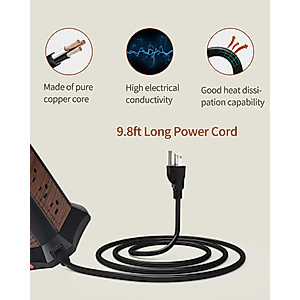 SUPERDANNY USB Surge Protector with 9 AC 4 USB Ports 9.8ft Multiple Electrical Outlet Extender for Home Office Dorm, Black/Wood Grain