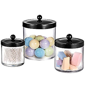 Premium Quality Apothecary Jars - Clear Plastic Storage Jars with Rust Proof Stainless Steel Lids - Bathroom Vanity Countertop Storage Organizer Canister Holder House Decor | Set of 3 (Black)