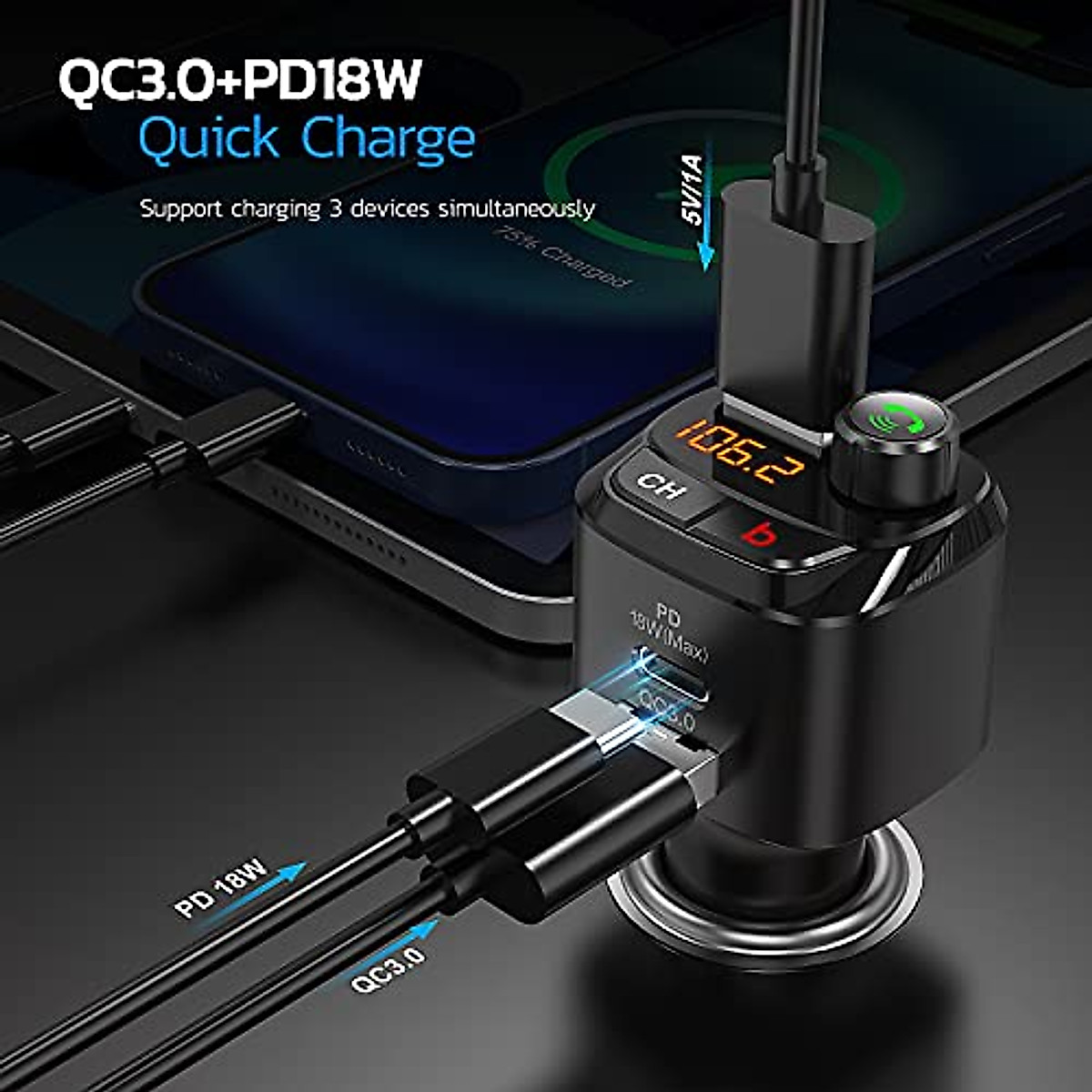 Nulaxy Bluetooth 5.0 FM Transmitter for Car, QC3.0 & USB-C PD 18W Wireless Bluetooth Radio Adapter Music Player/Car Kit with Bass Booster, Hands-Free Calls-NX12