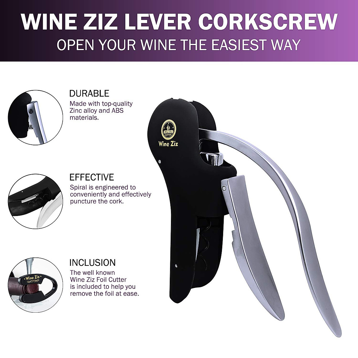 Wine Ziz Black Screw-pull Lever Corkscrew Wine Bottle Opener Set with Bonus Foil Cutter Tool and Extra Spare Corkscrew Spiral, Heavy-Duty Metal Manual Cork Screw, Best Wine Gift Kit (Silver)