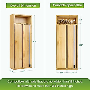 Soligt 2 in 1 Foil and Plastic Wrap Organizer | Aluminum Foil Dispenser with Serrated Edge | Plastic Wrap Dispenser with Cutter | Bamboo Kitchen Drawer Organizer Fit Parchment, Wax Paper