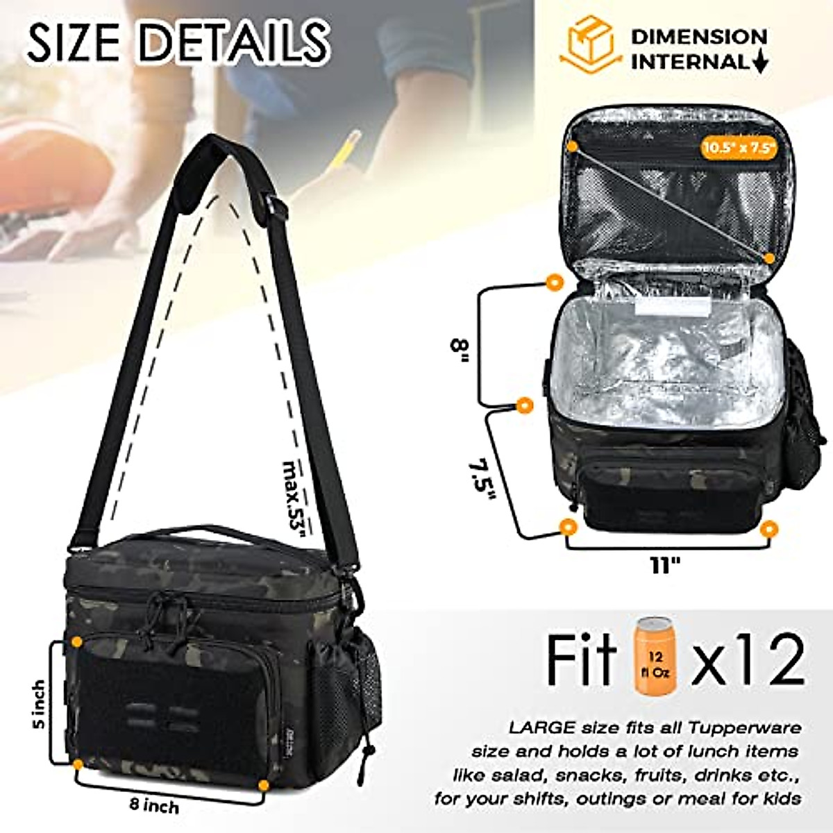 DBTAC Tactical Lunch Box, Large Insulated Lunch Bag Fits 12-Cans w/Water Bottle Pocket | Leakproof Lunch Cooler Tote for EDC Work Travel | Soft & Collapsible Easy-Clean Liner x2, Black Camo