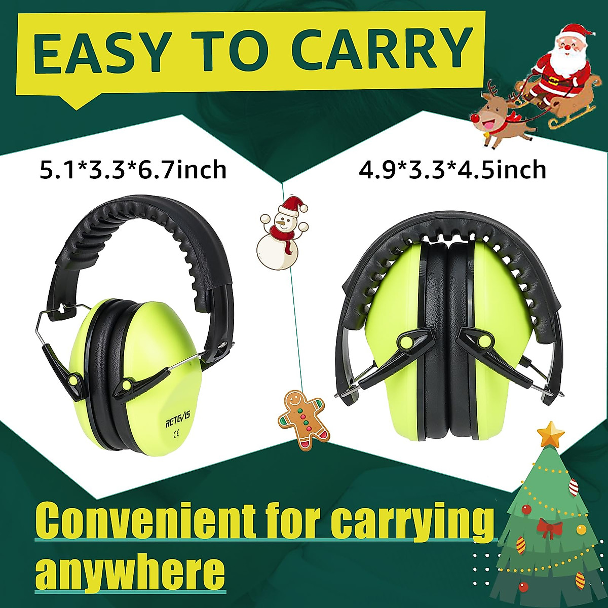 Retevis EHN009 Kids Ear Protection, Foldable Noise Reduction Earmuff with Adjustable Headband, Toddlers Children Autism Headphones,Ear muffs for Football Game, Concerts, Air Shows, Fireworks(Green)