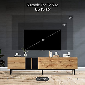 Virubi Modern TV Stand with 3 Cabinets & Open Shelves, Minimalist Wooden Entertainment Center for TVs Up to 80”, Sturdy TV Console for Living Room Bedroom Decor (Wood)