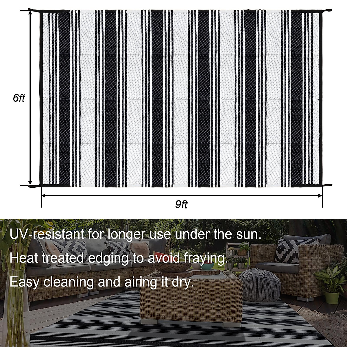 Pcinfuns Plastic Straw Rug,Patio Rugs RV Camping Rug Reversible Mat,6'x9' Reversible Mats Large Floor Mat and Rug for Outdoor,Black & White Thin Stripe