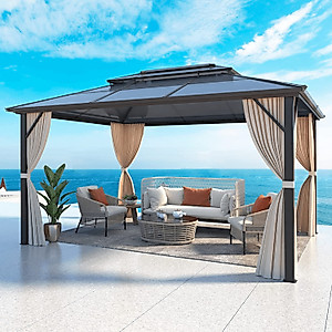 MELLCOM 10x13ft Hardtop Gazebo, Permanent Outdoor Patio Gazebo with Double Polycarbonate Roof and Aluminum Frame, Canopy Gazebo for Backyard, Deck, Patio and Party, Curtains and Netting Included