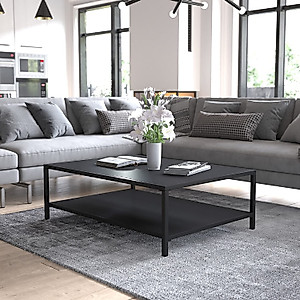 Flash Furniture Metal Indoor/Brock Outdoor Coffee Table with Lower Shelf - Black Steel Coffee Table for Business or Home Use - Modern Square Leg Frame